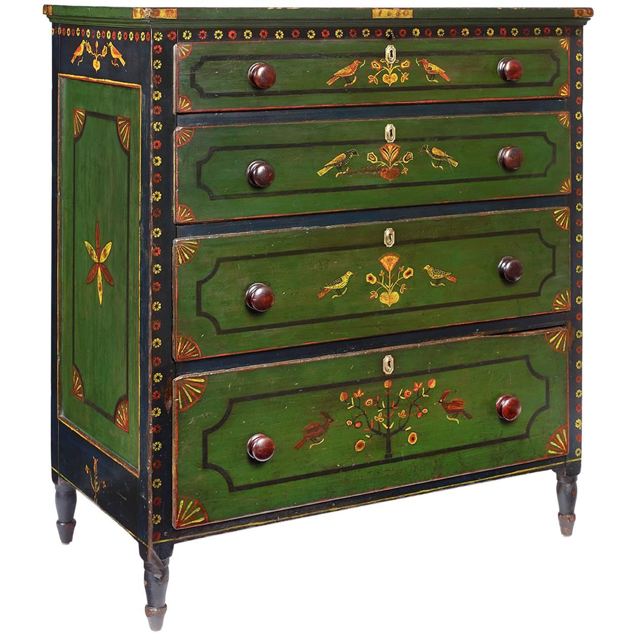 Green-Painted and Polychrome-Decorated Four-Drawer Chest For Sale at ...