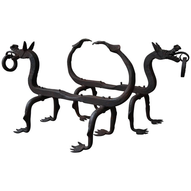 Early 1900s Forged in Fire Wrought Iron Dragon Andirons / Fireplace ...