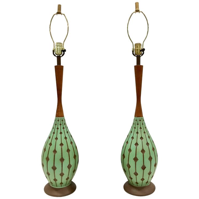 Mid-Century Modern Ceramic and Walnut Hand Painted Bowling Pin Lamp Pai ...