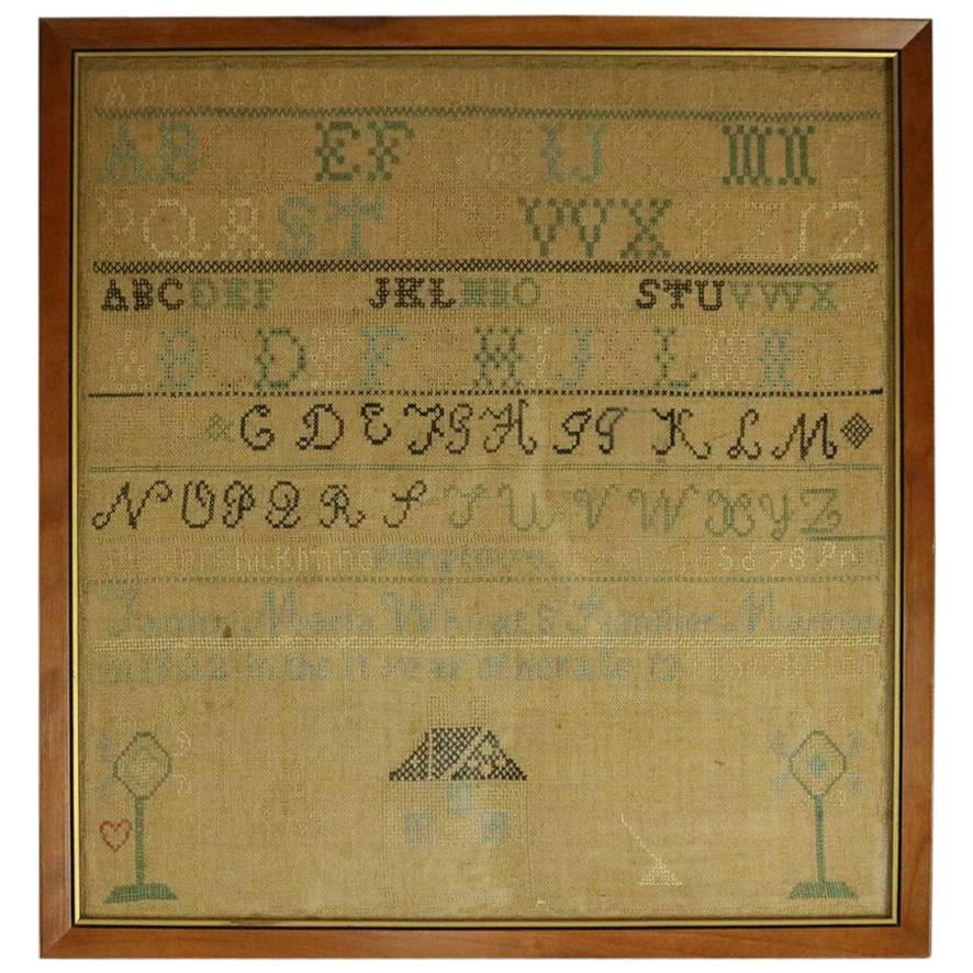 Framed Antique Needlepoint Folk Art Sampler, circa 1822 at 1stDibs