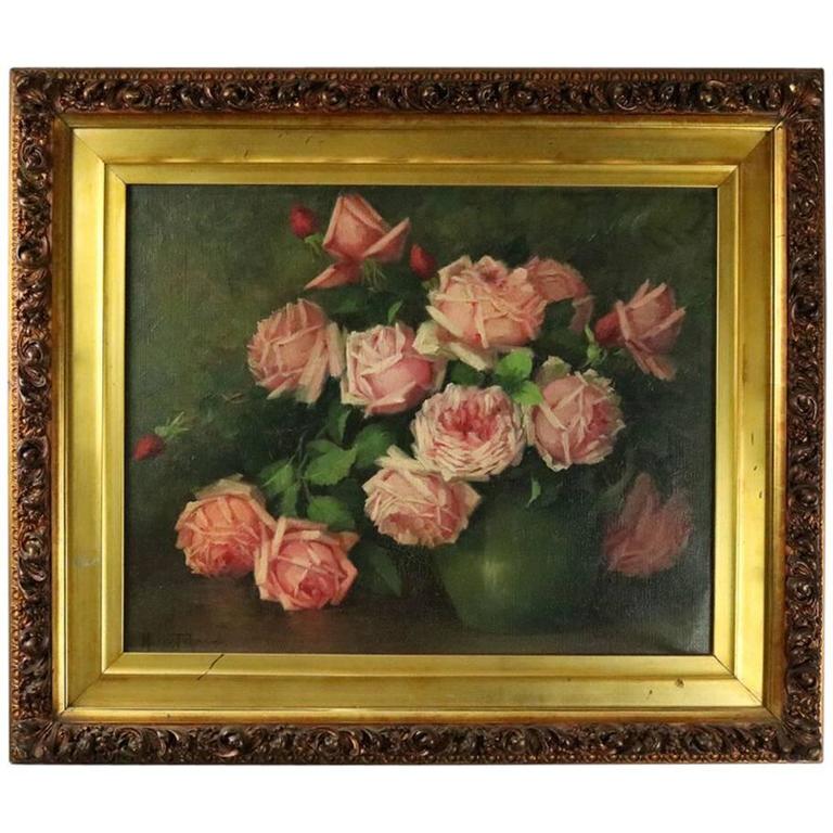 Antique Floral Still Life Oil on Canvas by Marie Johnson, Roses, circa ...
