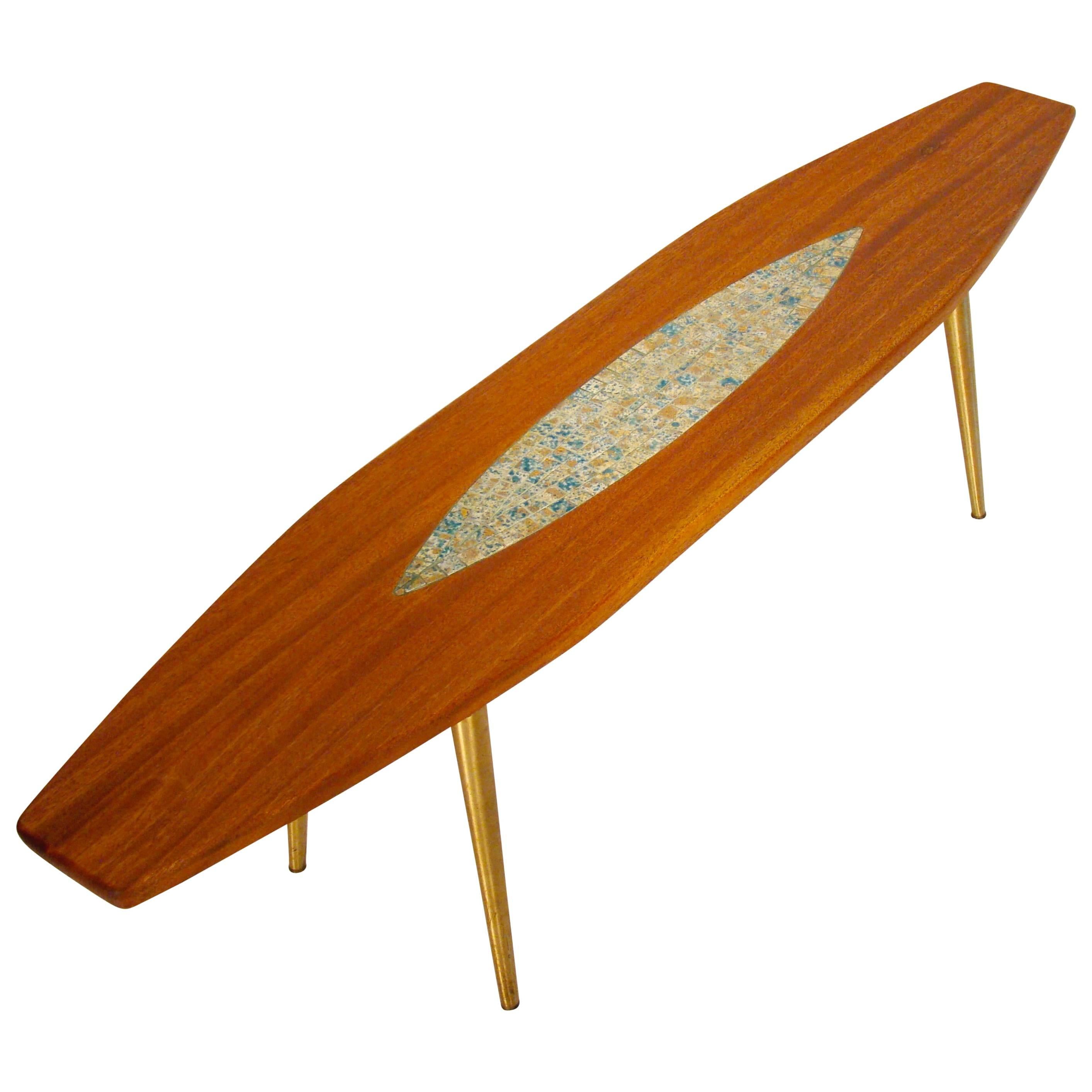 Danish Modern Style Surfboard Coffee Table with Brass Legs and Inlaid ...
