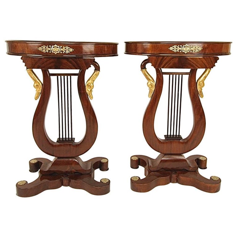 Pair of Empire Style Lyre Shaped Gilt-Bronze and Giltwood Mahogany Side ...