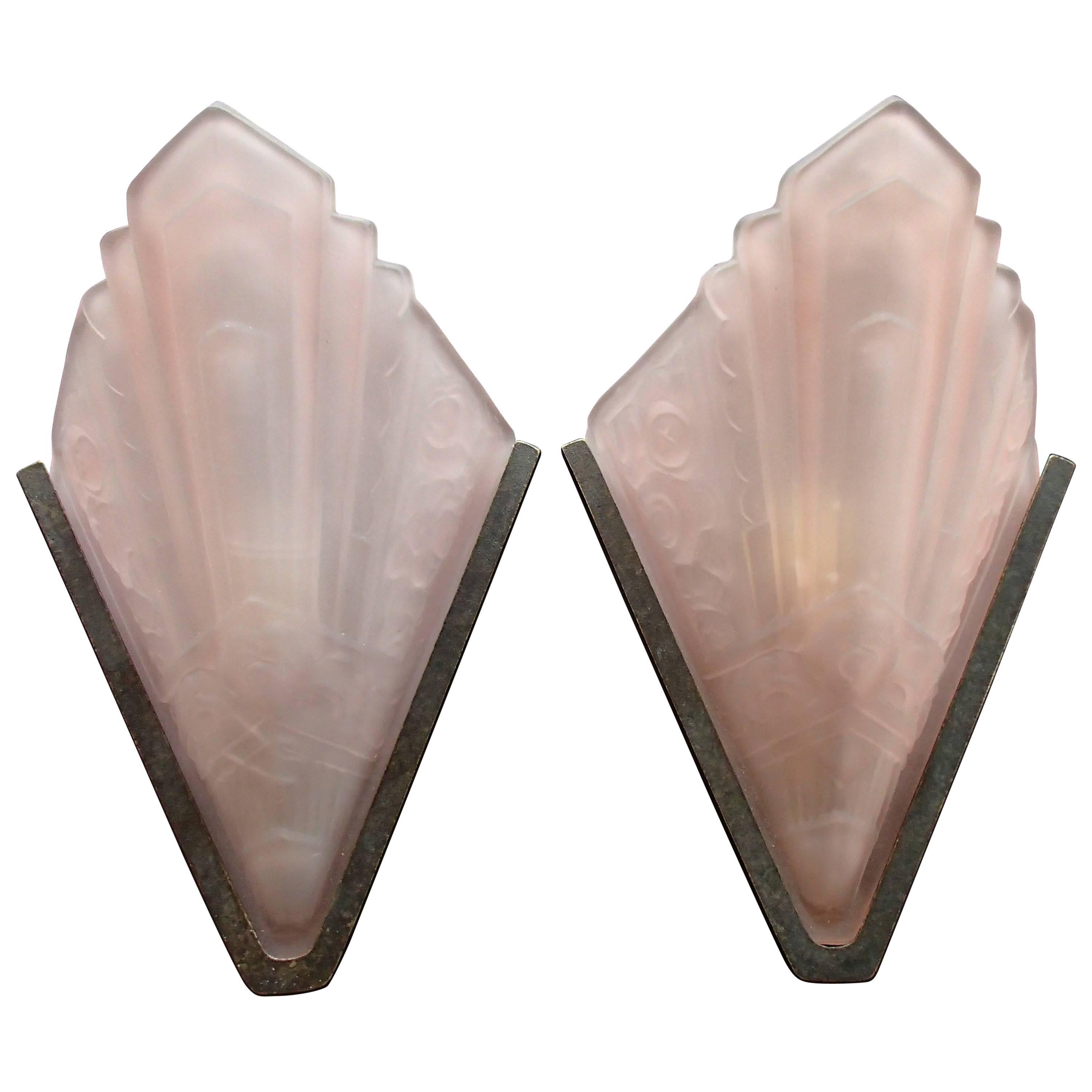 Pair Art Deco Wall Light Pink Frosted Decorative Glass at 1stDibs
