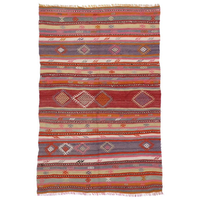 Turkish Tribal Kilim with Boho Chic Style in Pink, Red and Purple ...