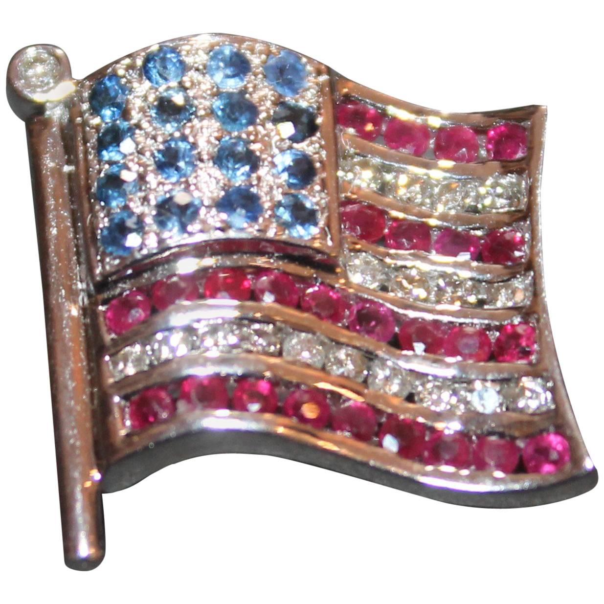 14-Karat White Gold and Gem Stones American Flag Pin at 1stDibs