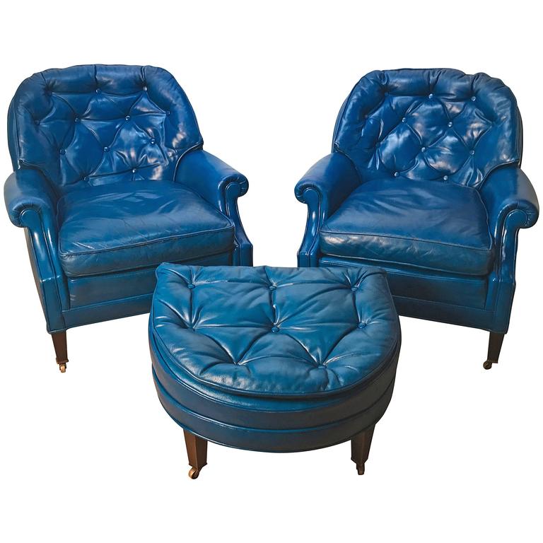 Chesterfield Style Blue Leather Club Chair Suite at 1stDibs