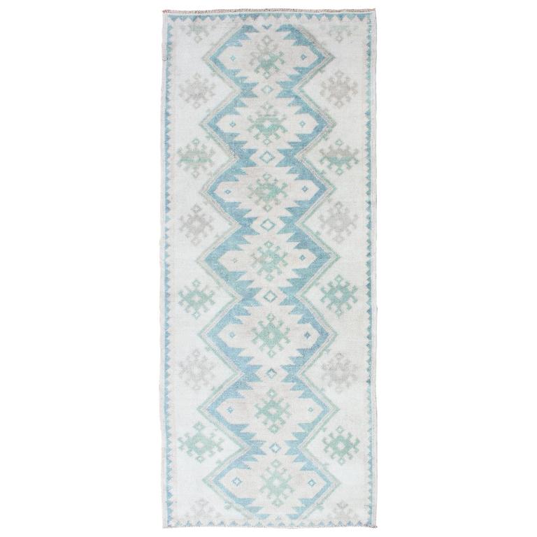 Turkish Tulu Runner with Seven Geometric Medallions in Muted Blue and ...