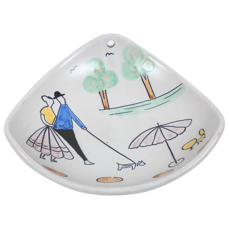 Vintage German Hand-Painted Triangular Hanging Plate For Sale at 1stDibs