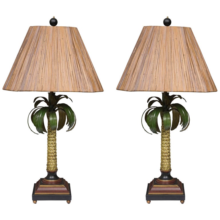 Hand-Painted Palm Tree Lamps with Custom Bamboo Shades at 1stDibs
