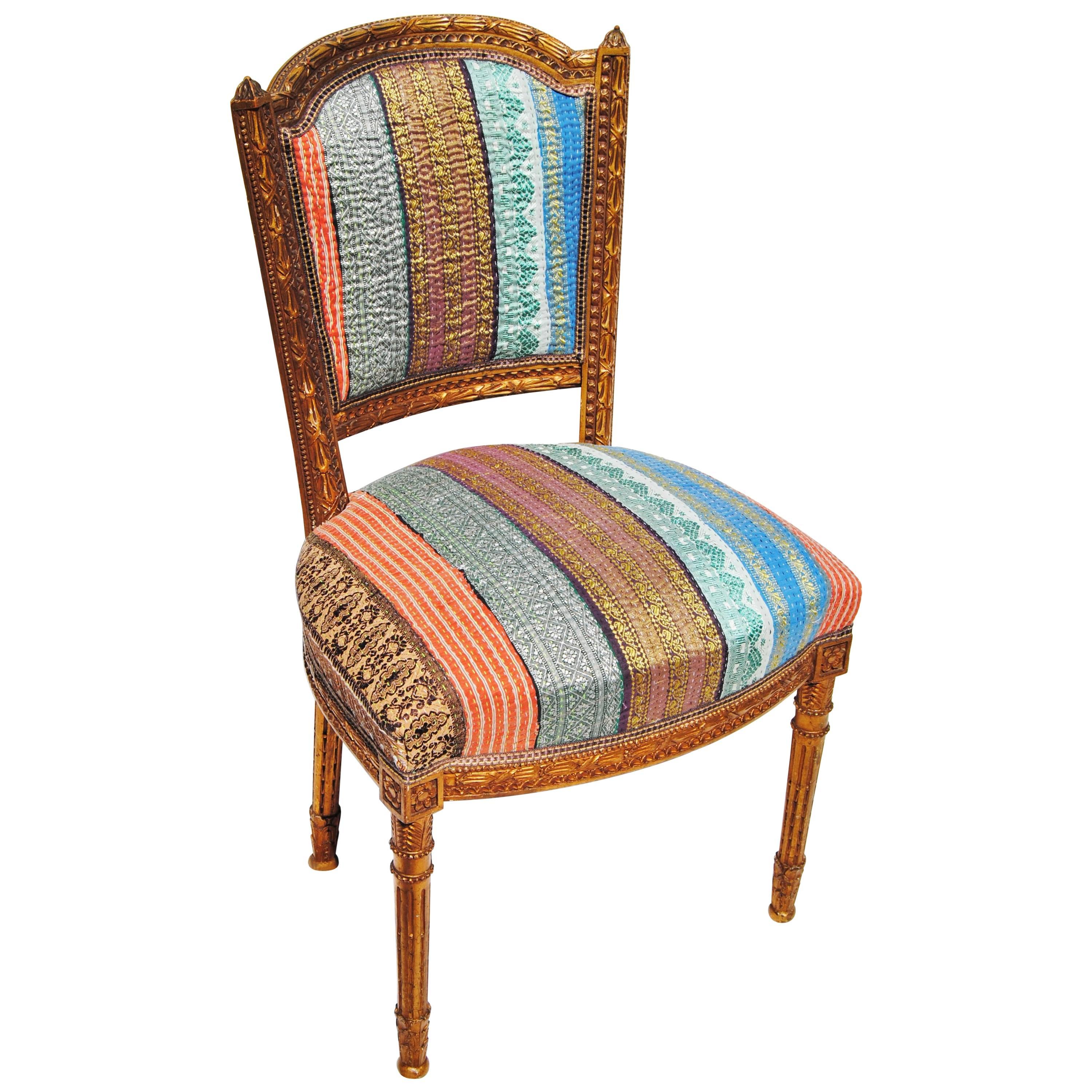 Antique Danish Chair Newly Upholstered in a Vintage Silk Kantha Quilt ...