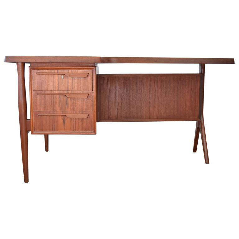 Danish Teak Asymmetrical Desk with Bar Cabinet at 1stDibs