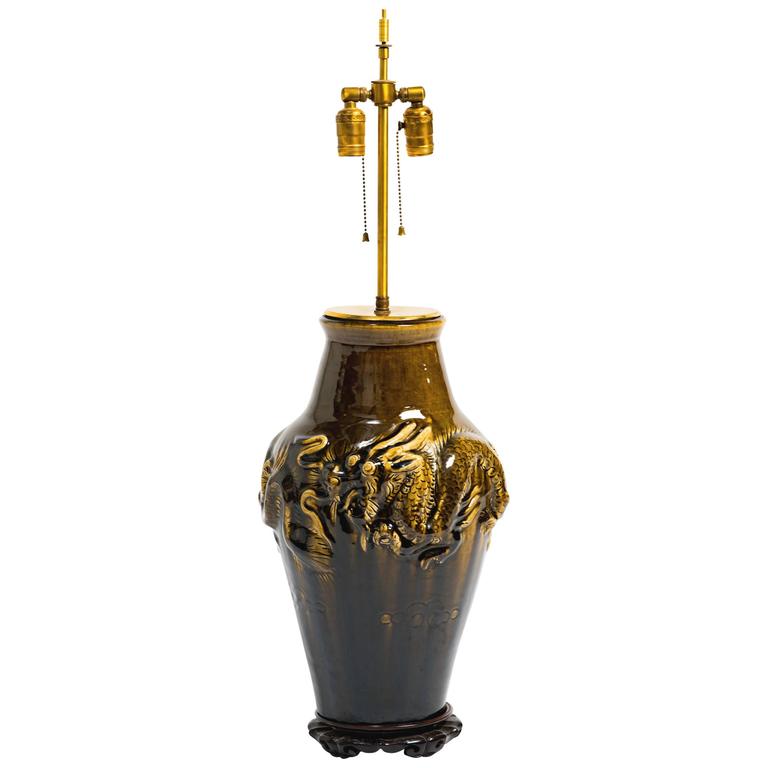 Large Asian Ceramic Dragon Table Lamp For Sale at 1stdibs