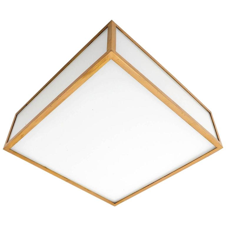Square Box Flush Mount or Wall Light, Brass Opal Glass, Austria, 1960s ...