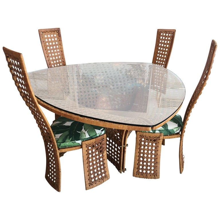 Danny Ho Fong Dining Table Set Four Side Chairs Rattan Wicker Tropical ...