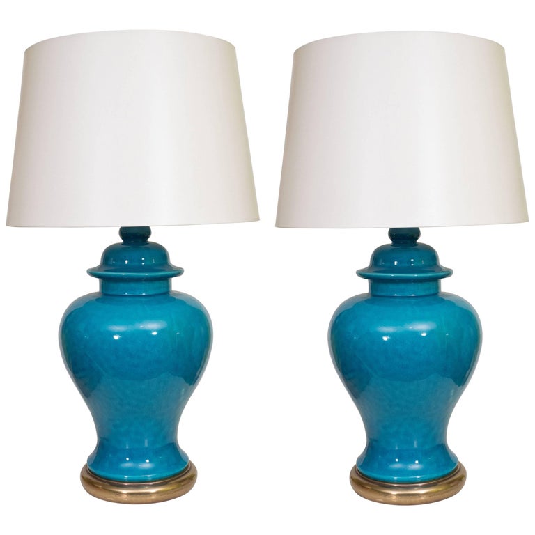 Pair of Mid-Century Ceramic Blue Lamps For Sale at 1stDibs