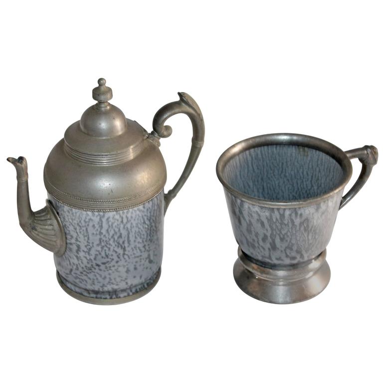 Rare 19th Century Granite and Pewter One Cup Tea Pot and Mug at 1stDibs