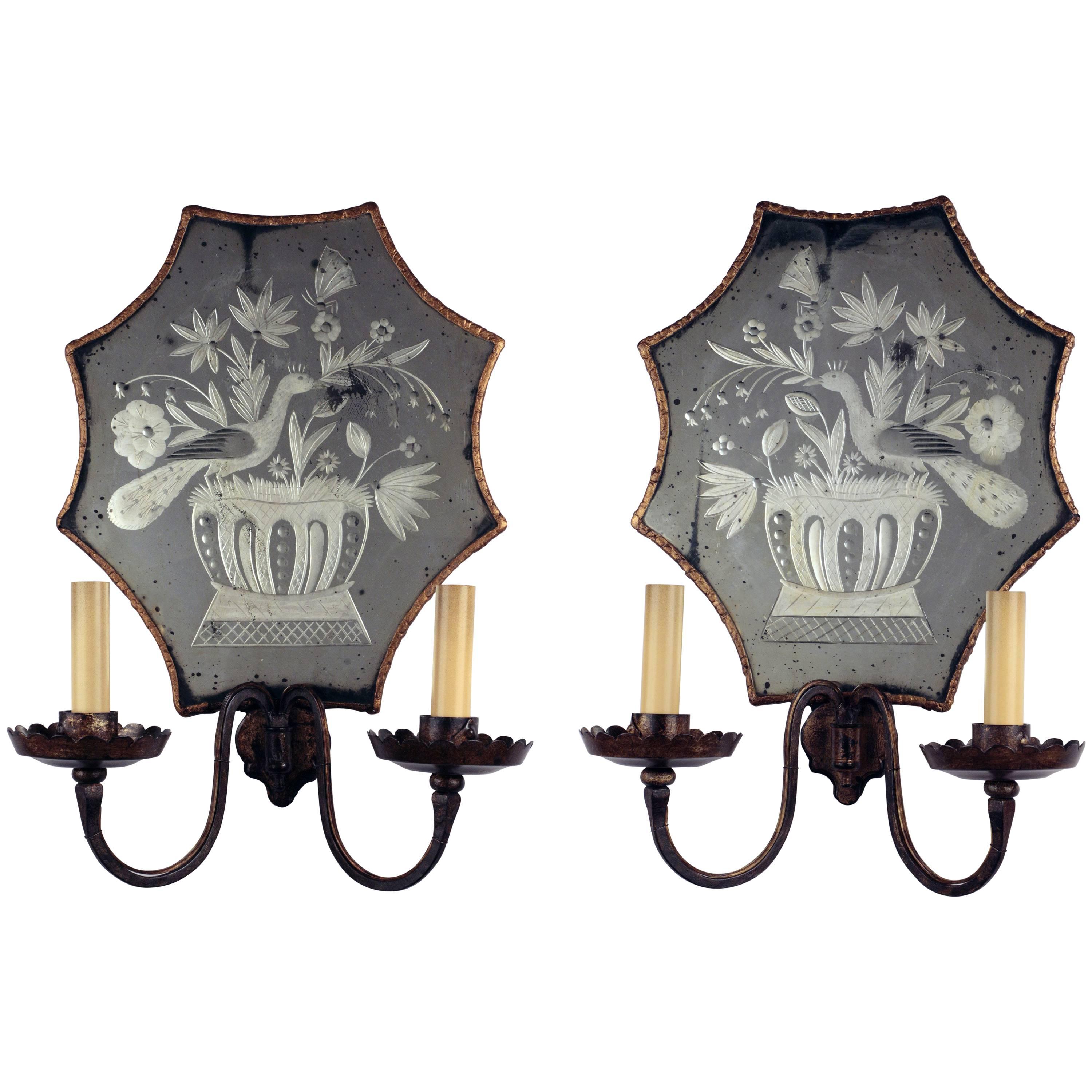 Pair of Etched Mirror Back Wall Sconces at 1stDibs | sconces on mirror ...