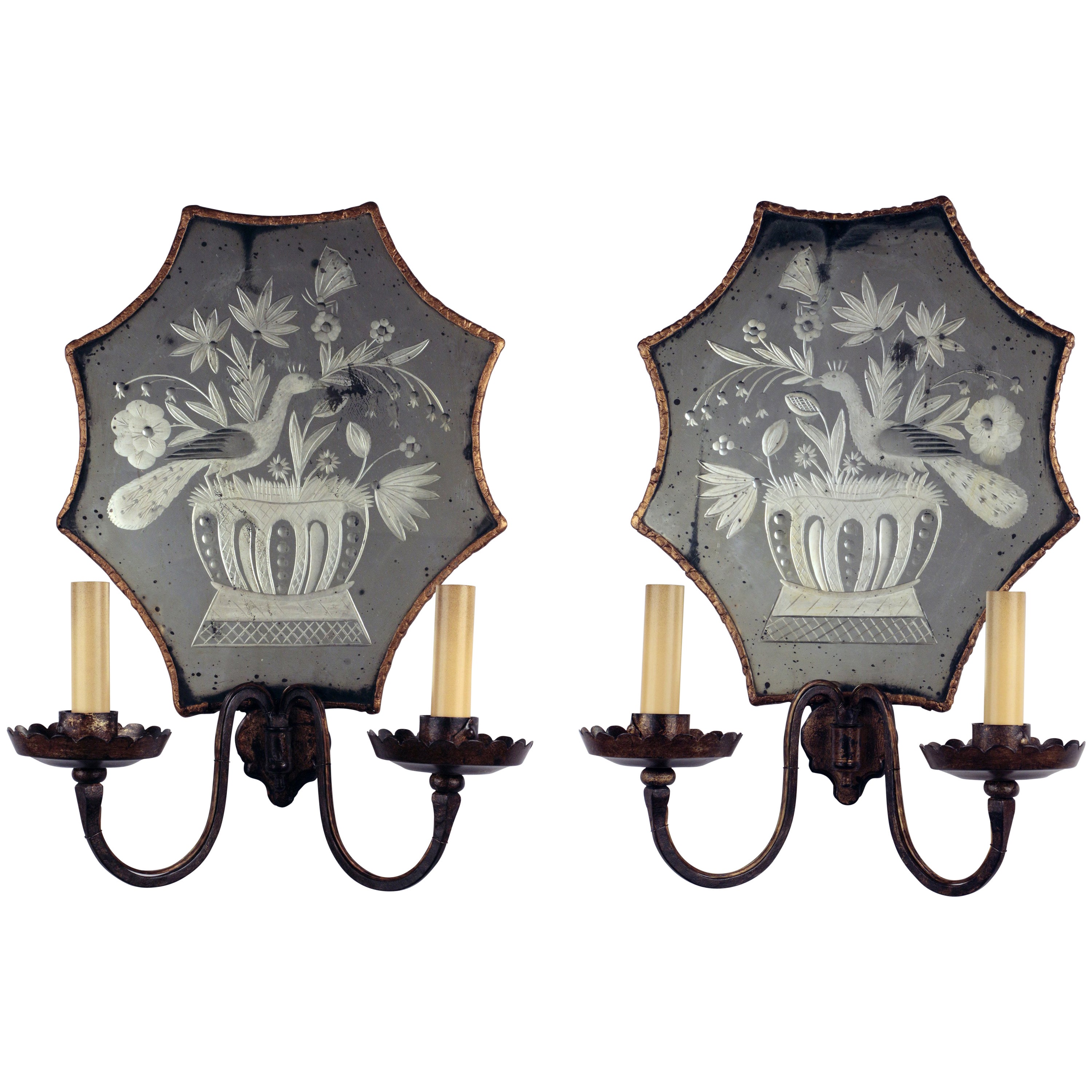 Pair of Vintage Etched Mirrored Wall Sconces at 1stDibs