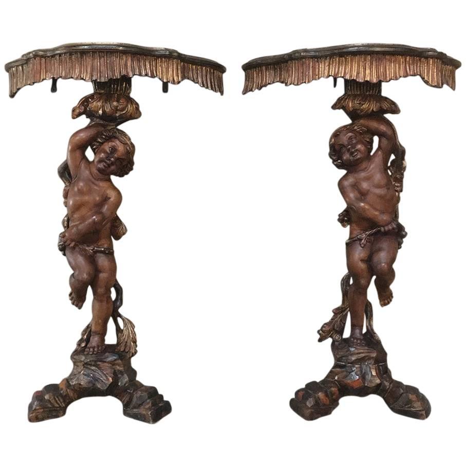 Pair of 19th Century Italian Hand-Carved Cherub Consoles at 1stDibs