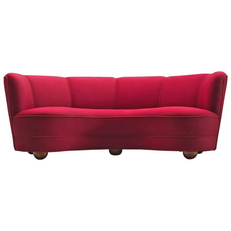 Art Deco Curved Settee in Red Fabric at 1stDibs