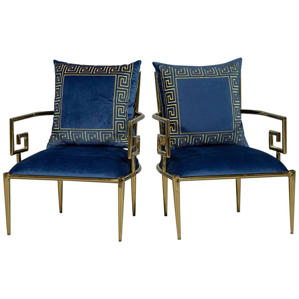 Pair of Royal Blue Velvet Greek Key Armchairs For Sale at 1stDibs