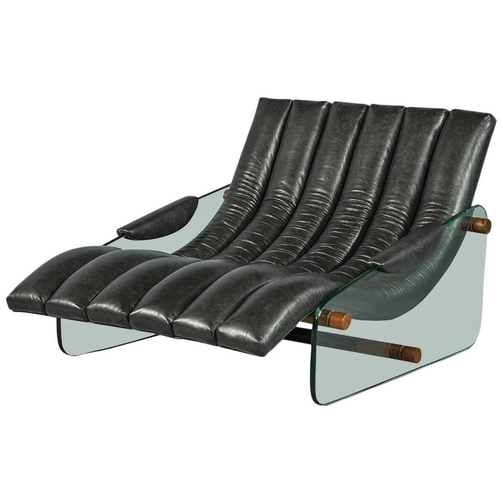 Retro Black Leather and Glass Wave Chaise For Sale at 1stDibs