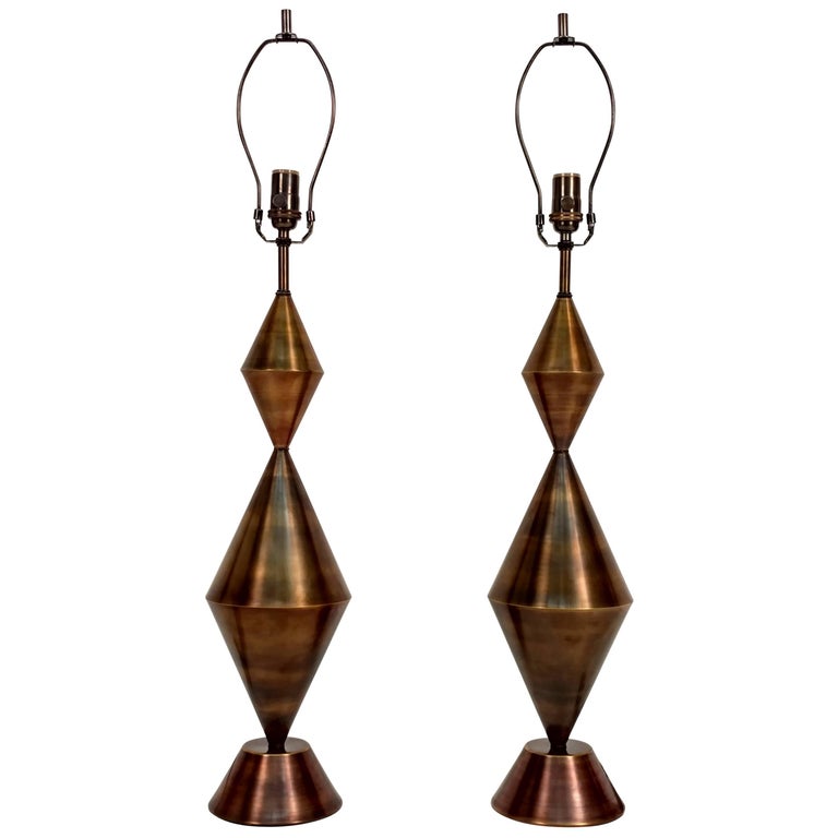 Pair of Antique Brass Conical Table Lamps Handcrafted at 1stDibs