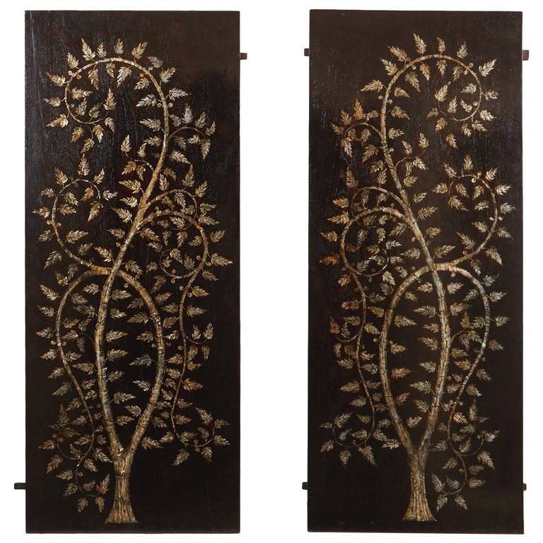 Pair of Rosewood Inlaid "Tree of Life" Panels For Sale at 1stdibs