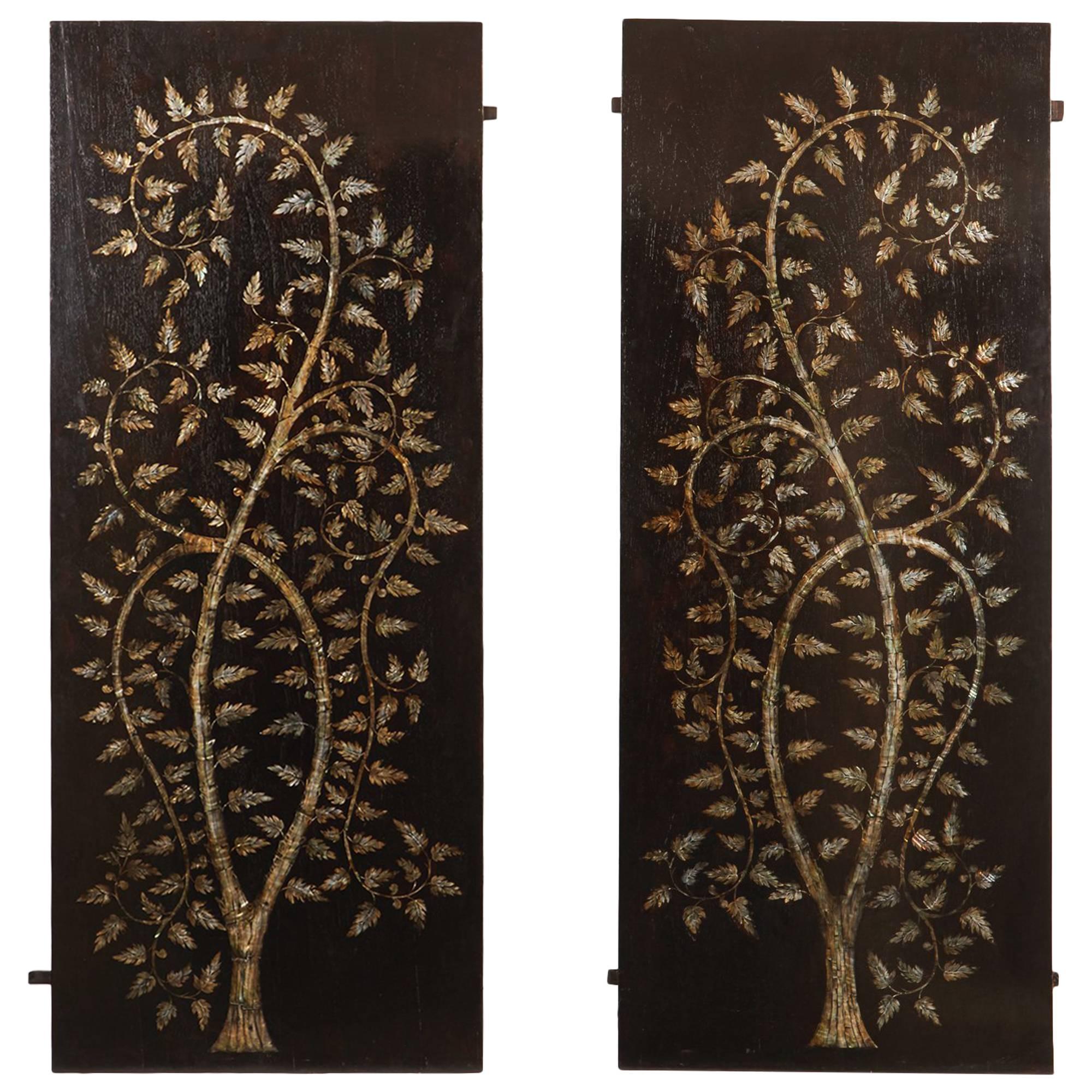 Pair of Rosewood Inlaid "Tree of Life" Panels at 1stDibs