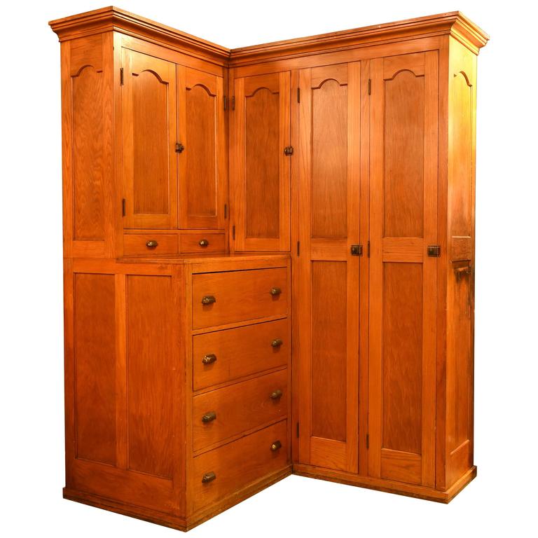 Golden Oak Corner Locker Cabinet with Drawers, circa 1910 at 1stDibs