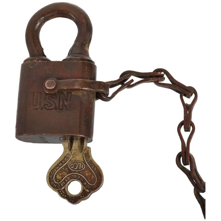 Antique Brass Lock for USN with Key and Chain at 1stDibs