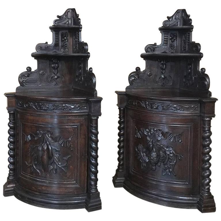 Pair of 19th Century French Renaissance Corner Hunt Cabinets at 1stDibs