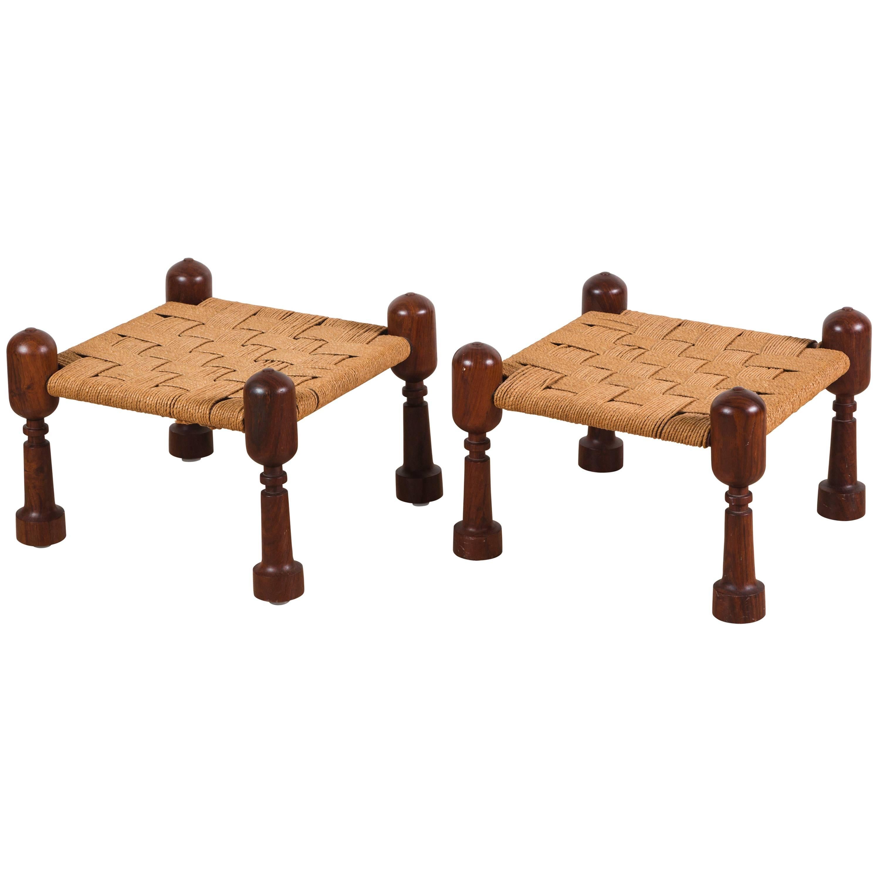 Pair of Turned Wood Stools with Woven Rush Seats at 1stDibs