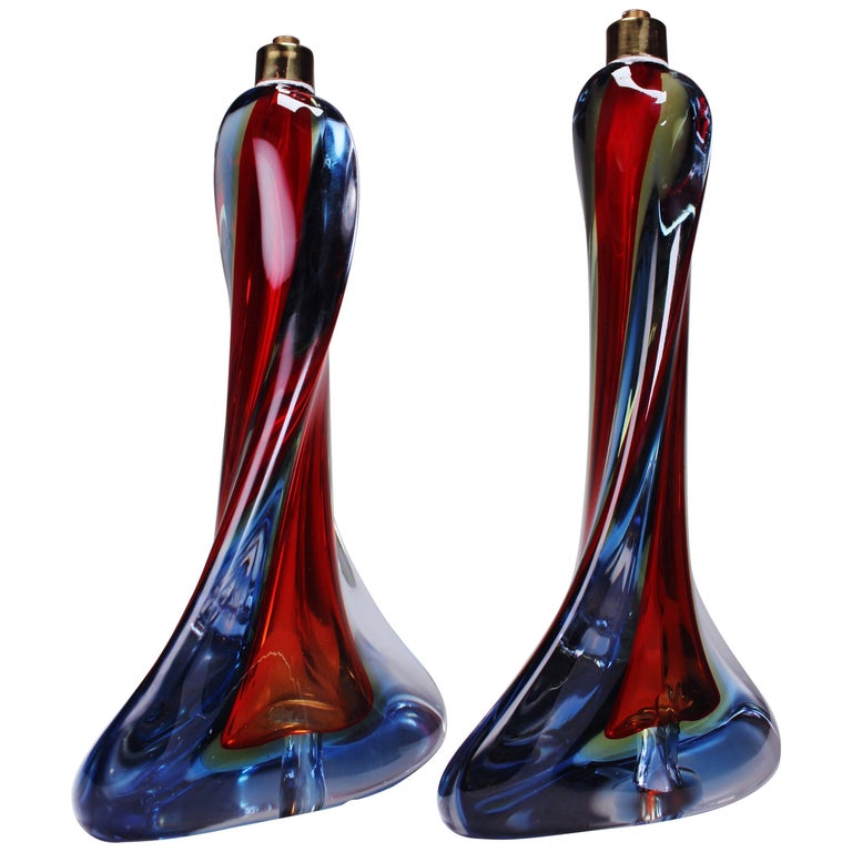 Pair of Murano Red, Blue and Yellow Crystal Sommerso Table Lamps, 1960s ...