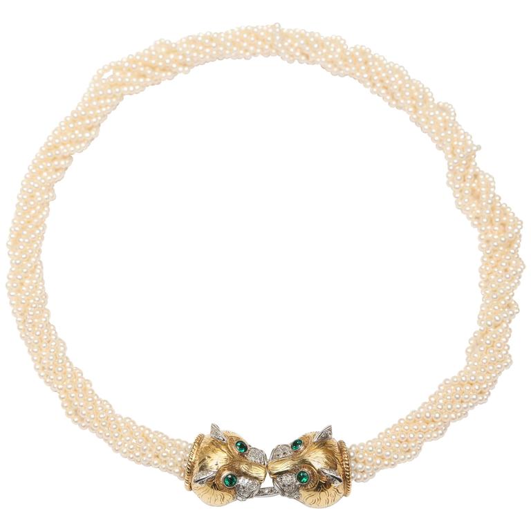 Nine Strand Cultured Pearl Necklace with Jaguar Gold and Diamond Clasp ...
