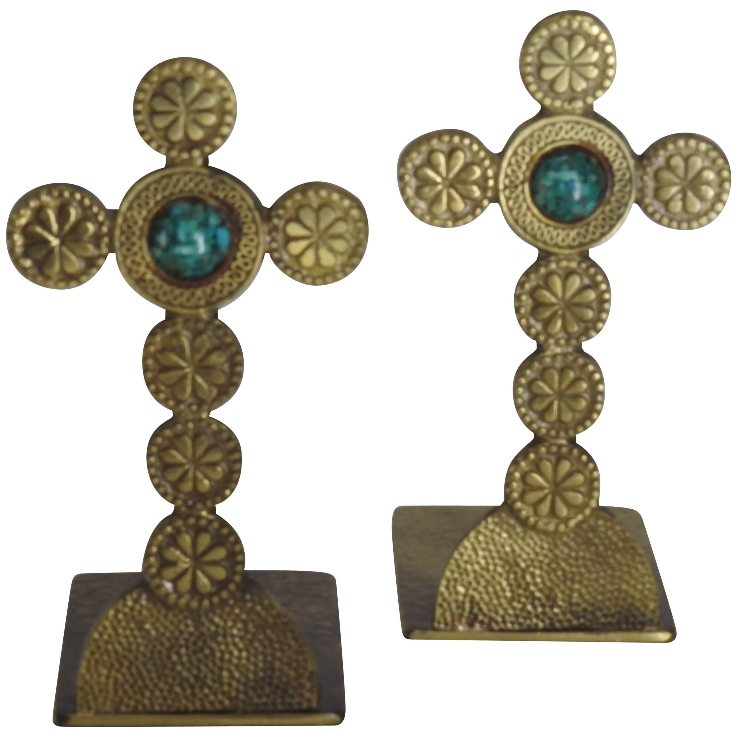 Brass Cross Bookends with Turquoise Cabochons at 1stDibs