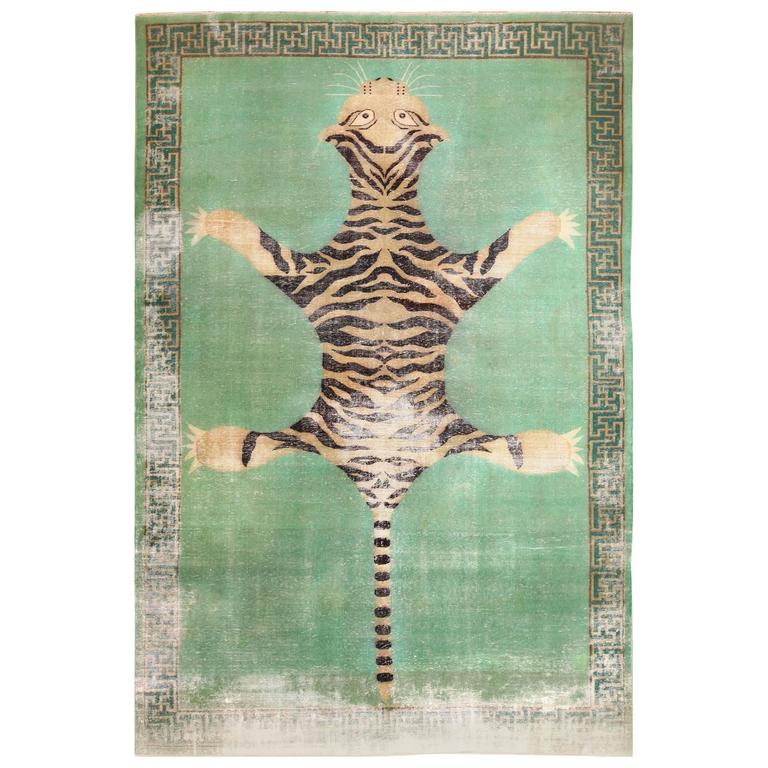Shabby Chic Tiger Design Antique Indian Rug at 1stDibs