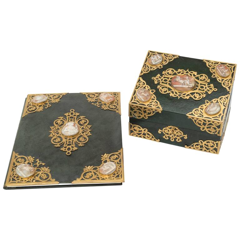 19th Century Green Leather Bound Writing Box Blottter Cameo Gilded For ...