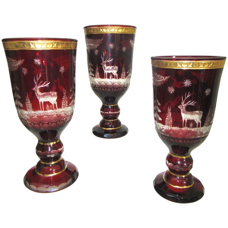 Group of Three Large Ruby Red Bohemain Glass Goblets For Sale at ...