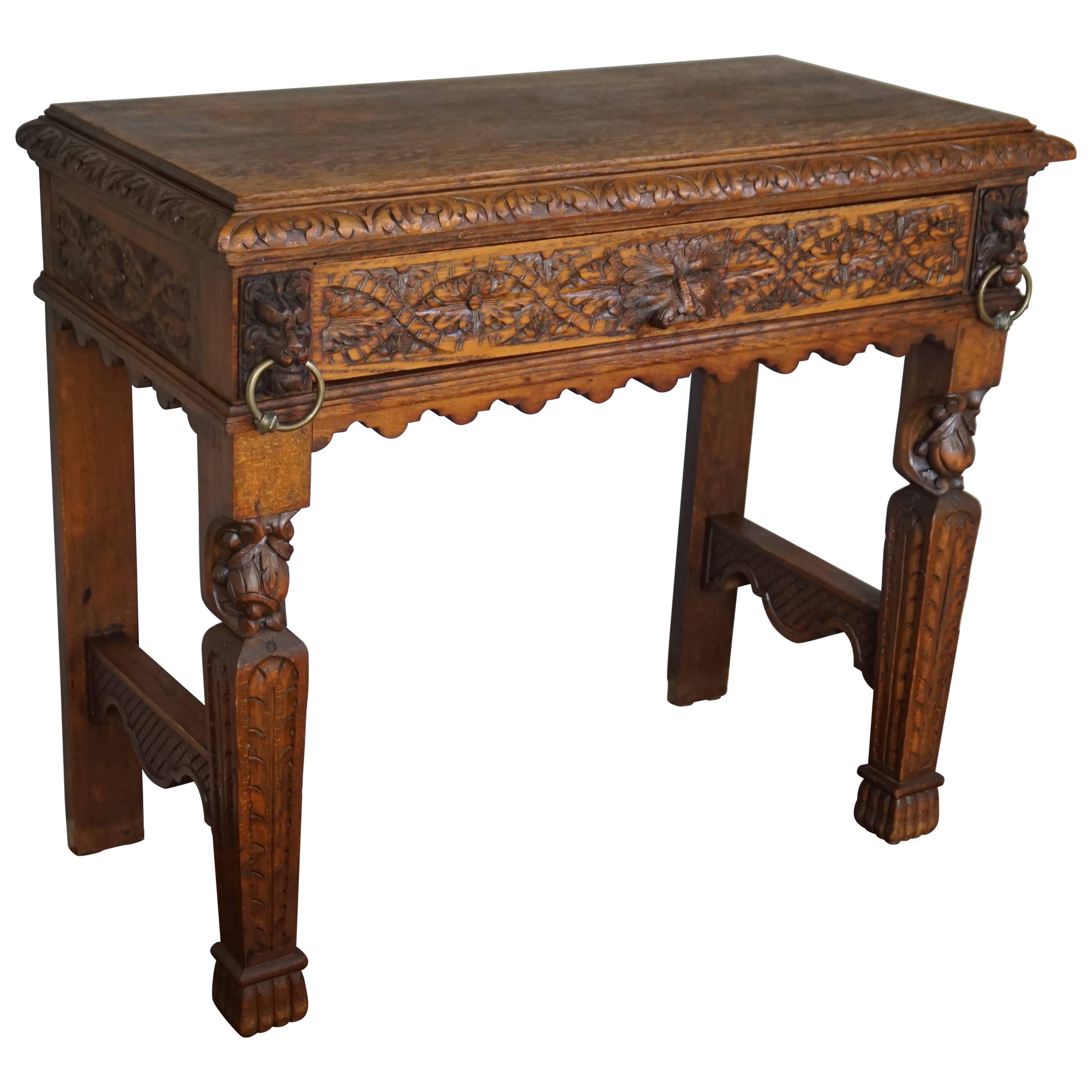 19th Century Hand-Carved Side Table with Drawer, Lion Heads, Green Man ...