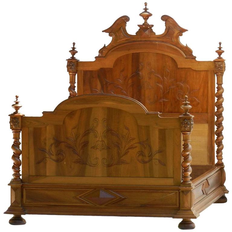 French Double Bed 19th Century, Louis XIII Carved Walnut Barley Twist ...