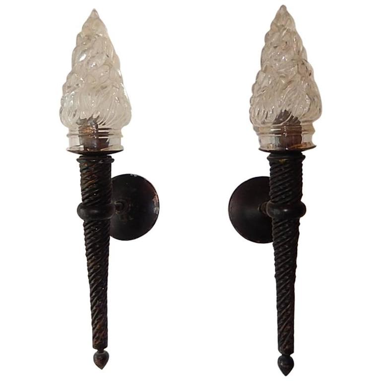 French Wrought Iron Torch Sconces Glass Flame, circa 1900 at 1stDibs