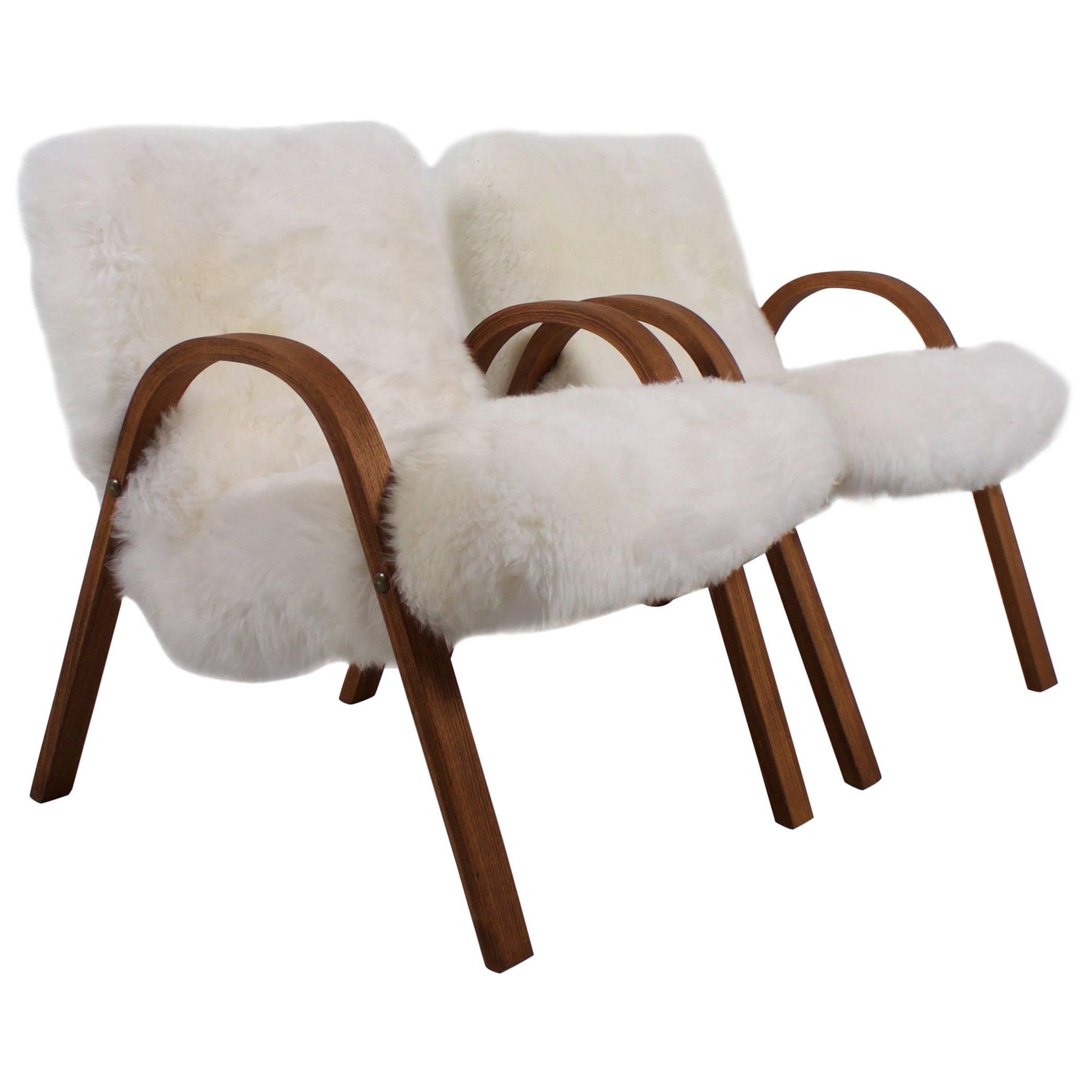 Set of Steiner Sheepskin Bow Wood Chairs, 1948, France at 1stDibs