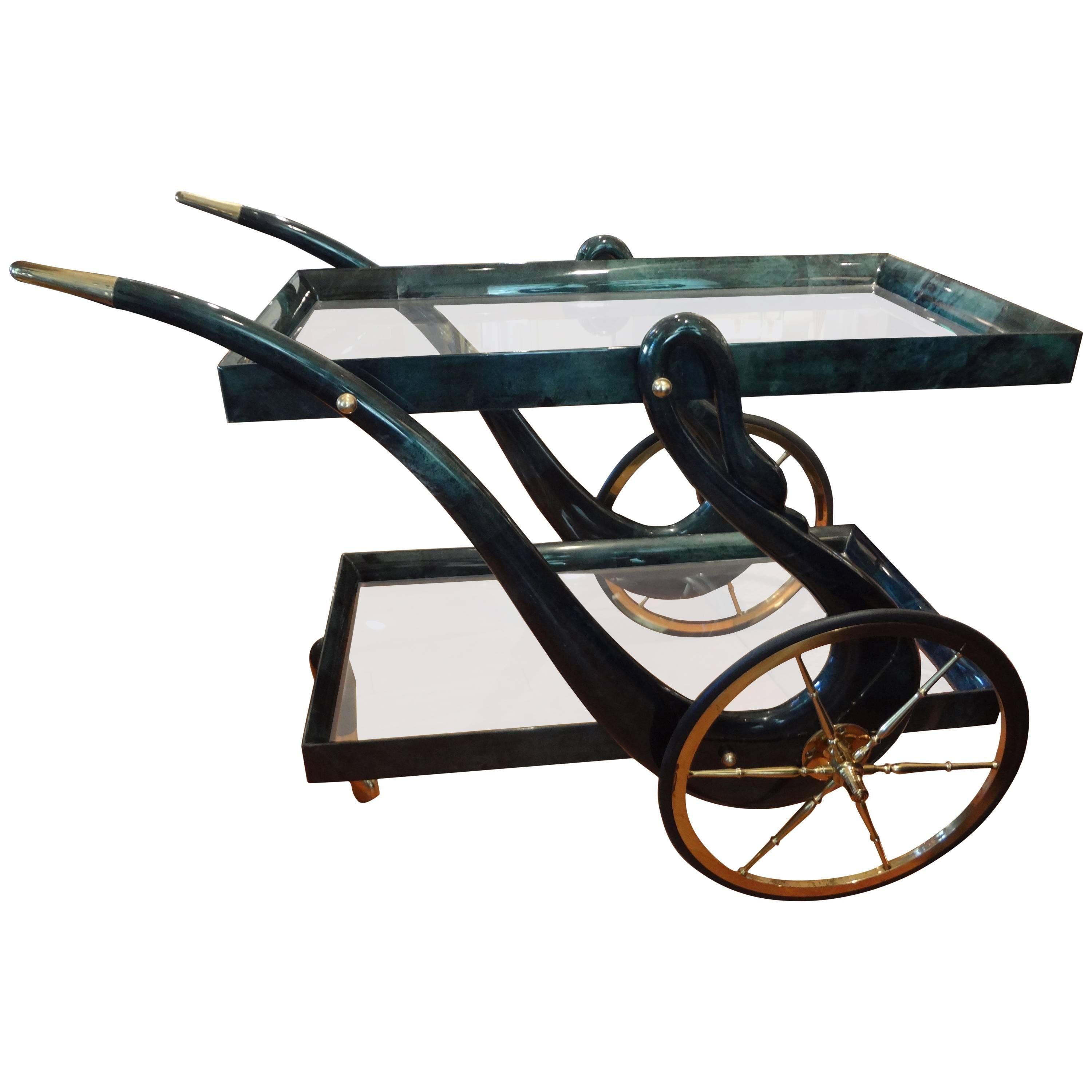 Italian Lacquered Goatskin Bar Cart with Swans and Brass Fittings by ...