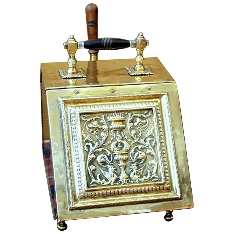 Antique English Hand-Chased Brass "Adam" Style Slope-Front Coal Hod For ...