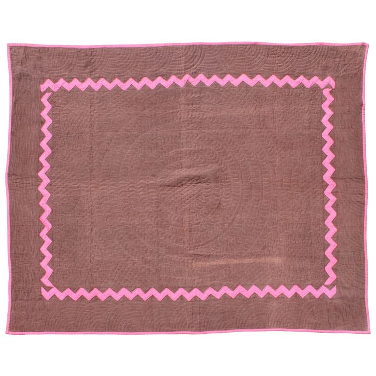 Early and Rare Amish Plain Quilt with Zig Zag Border at 1stDibs
