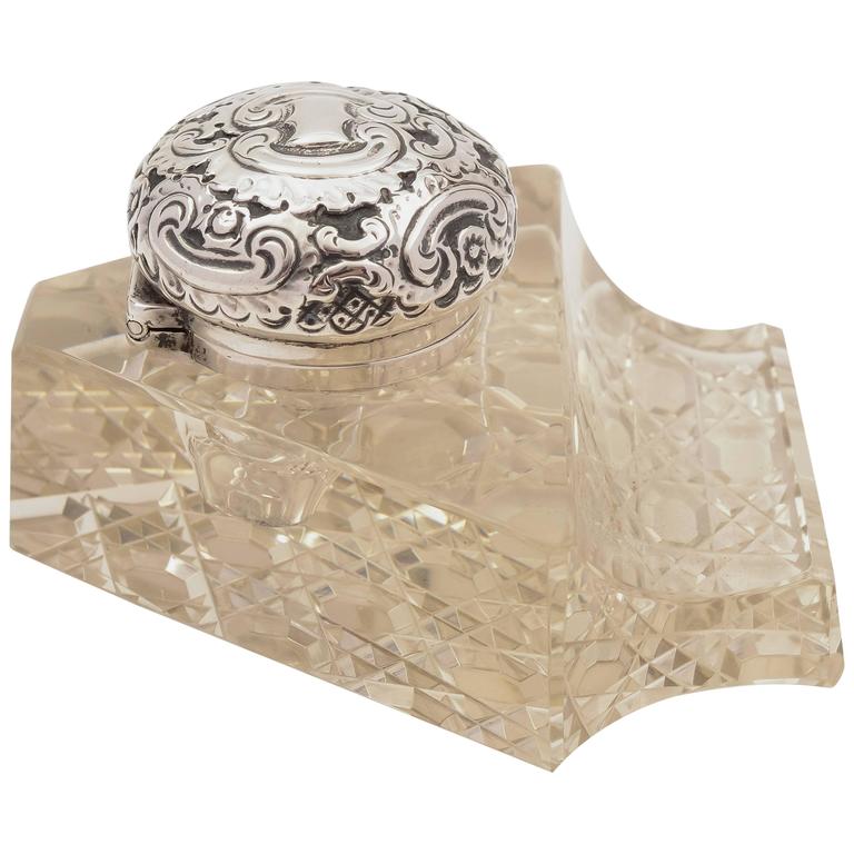 19th Century Victorian Silver Topped and Cut-Glass Ink Pot and Pen Tray ...