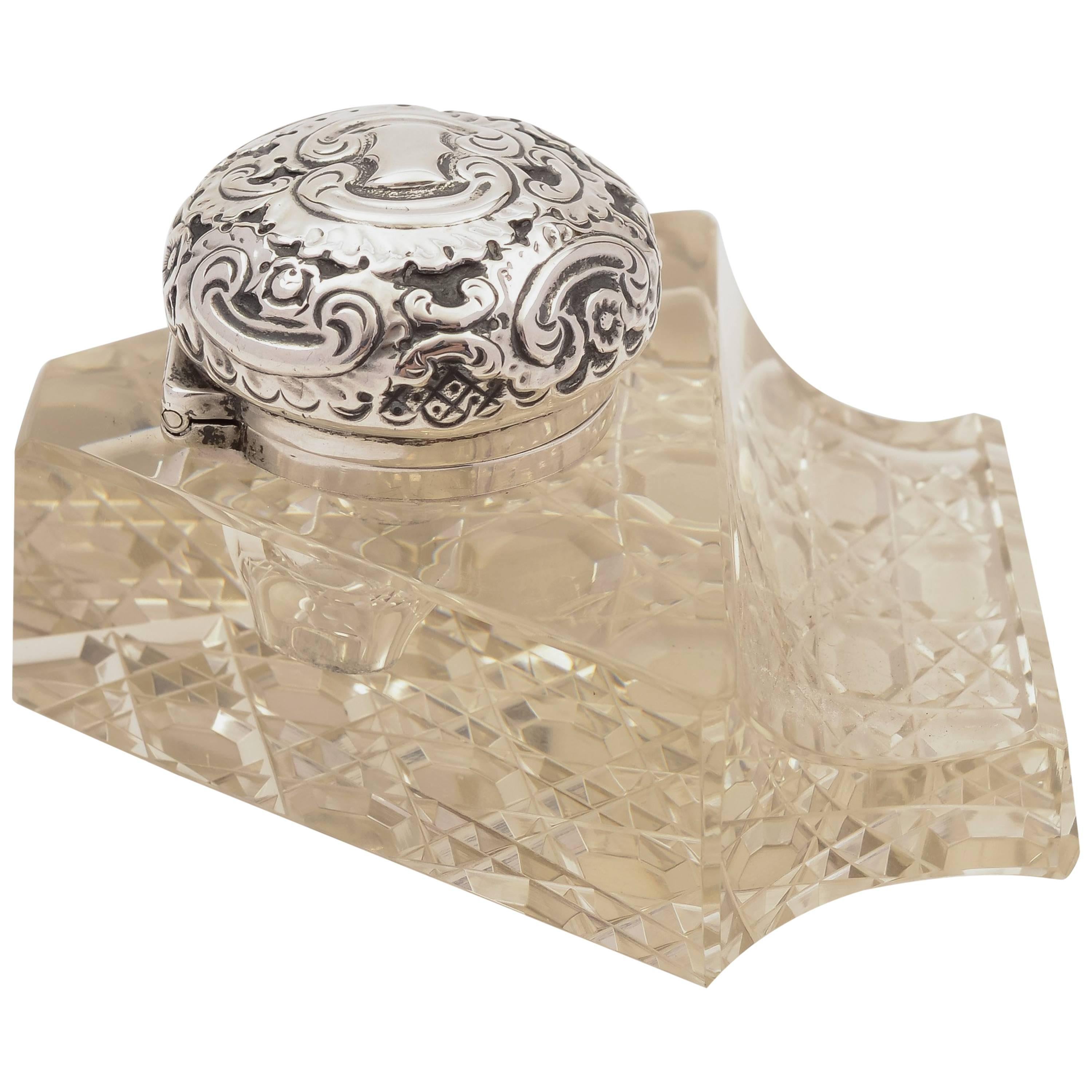 19th Century Victorian Silver Topped and Cut-Glass Ink Pot and Pen Tray ...