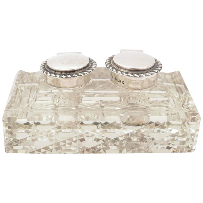 20th Century Edwardian Silver Topped Cut-Glass Double Ink Pot at 1stDibs